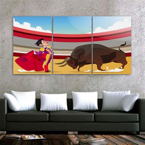 Ownta Bullfighter Versus Angry Bull Pattern 3pc Frameless Canvas Wall