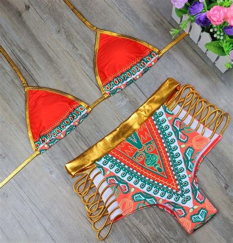 Sexy Gold Geometric African Print Two Pieces Bikini Set Bath Suits