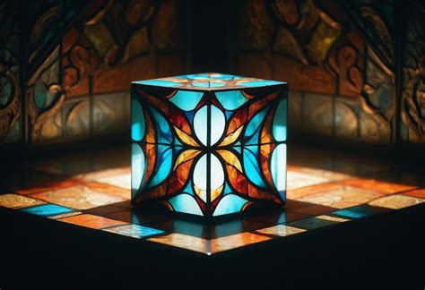 A Glowing Ornate Cube With Intricate Stained Glass Patterns And Designs