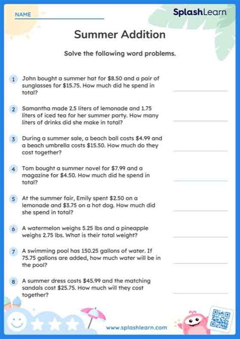 Add Decimal Numbers With Upto 2 Decimal Place Summer Word Problems