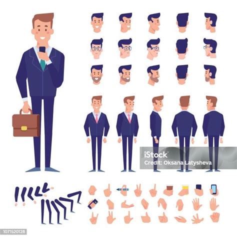 Бизнесмен Создание Набор С Различными Видами Прически Позы И Жесты — стоковая векторная графика