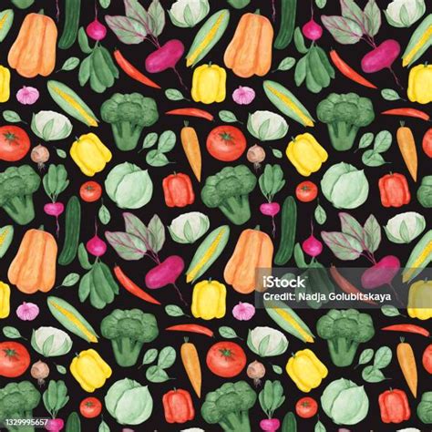 검은 색 배경에 수채화 야채 원활한 패턴 손으로 그린 옥수수 붉은 칠리 페퍼 양배추 잎 오이 토마토 가지 당근 양파 시금치 그림무 가을에 대한 스톡 벡터 아트 및 기타