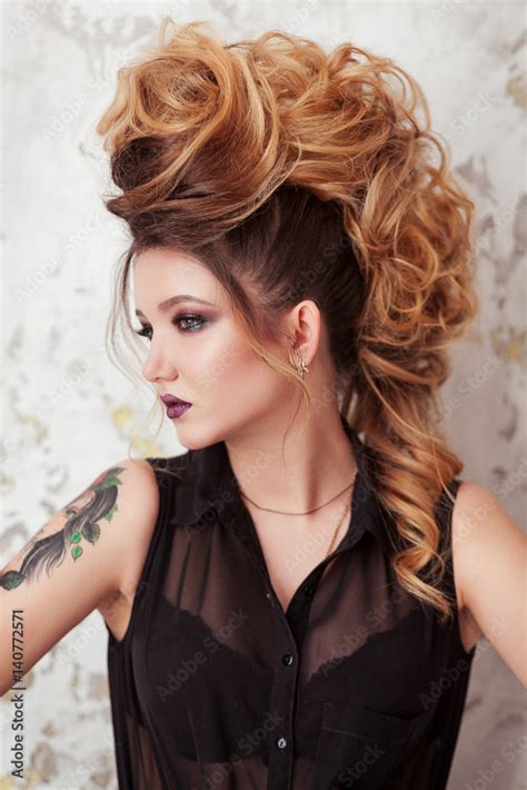 Fashion Shiny Makeup Beauty Woman With Mohawk Hairstyle Blonde Sexy