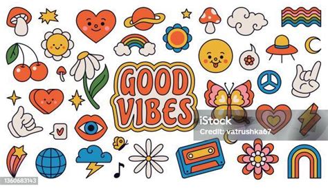 복고풍 70 년대 그루비 요소 귀여운 펑키 히피 스티커 만화 데이지 꽃 버섯 평화 표지판 심장 무지개 히피 스티커 벡터 세트 스티커에 대한 스톡 벡터 아트 및 기타 이미지