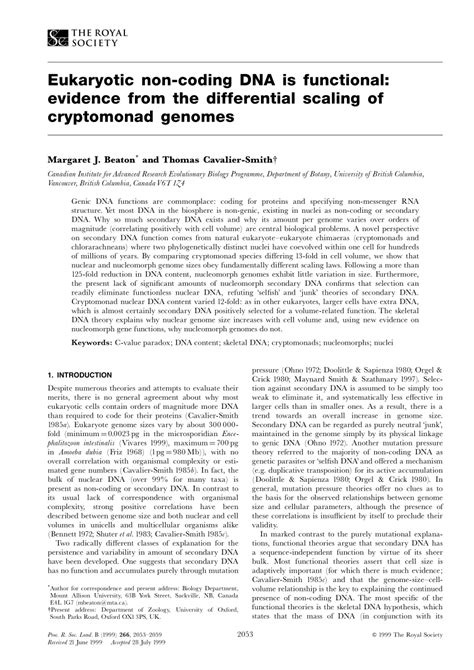 PDF Eukaryotic Non Coding DNA Is Functional Evidence From The Differential Scaling Of
