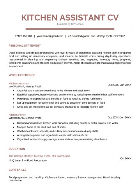 Kitchen Assistant Cv Example Template And Writing Guide