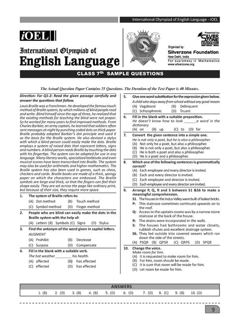 Ioel Official Sample Question Paper For Class 7 Olympiad Tester