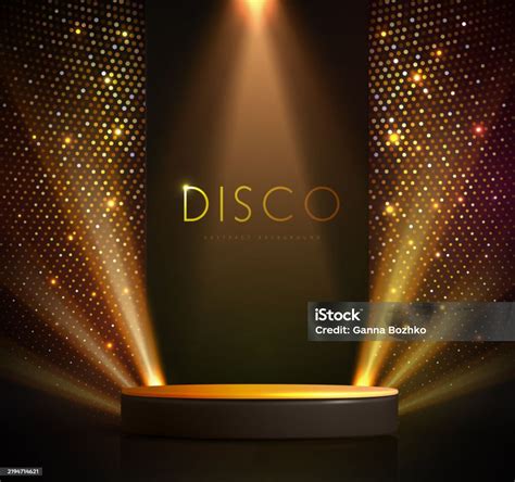 디스코 파티 쇼케이스 배경 3d 연단 디스코 공 스팽글 반짝이 질감 및 스포트 라이트 빔 디스코 공 황금 배경 벡터 일러스트 레이 션 3차원 형태에 대한 스톡 벡터 아트 및