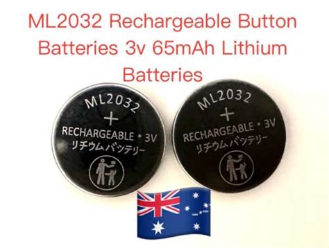 2 × ML2032 Rechargeable Button Batteries 3v 65mAh Lithium Batteries ...