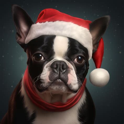 Premium AI Image | Bonston Terrier Santa Claus Hat Generative AI