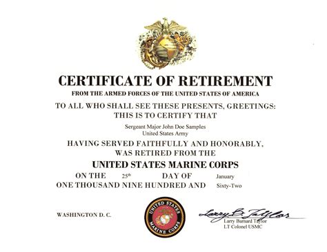 United States Marine Corps Retirement Certificate Military