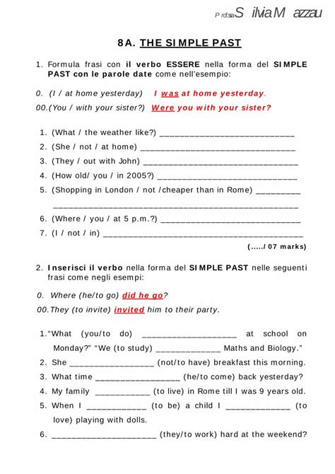 Pdf 8a Esercizi Sul Simple Past Mazzau 8a The Simple Past 1