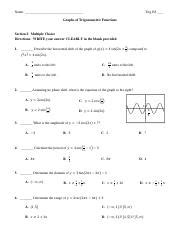 Trig Graphs Test Pdf Name Trig Pd Graphs Of Trigonometric Functions Section I Multiple