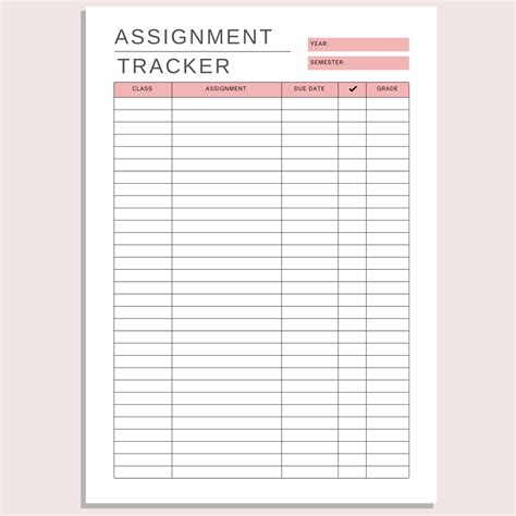 Assignment Tracker Assignment Printable Homework Sheet College