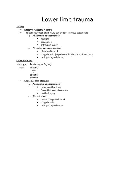 L Lower Limb Trauma Lecture Notes Lower Limb Trauma Trauma Energy Anatomy Injury The
