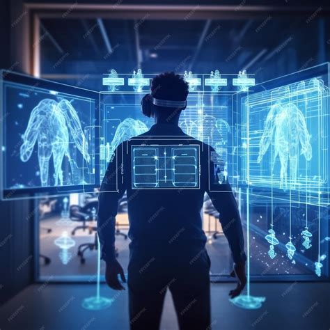 Premium Ai Image Businessman Uses Virtual Reality Mixed With Artificial Intelligence Created