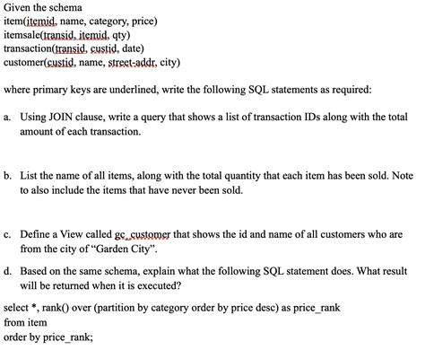 Solved Given The Schema Item Itemid Name Category Price Chegg