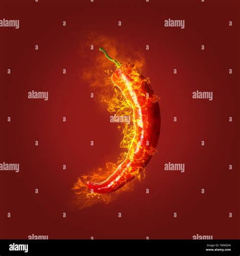 Burning Chili Pepper On Red Background Spicy Pepper Concept Stock
