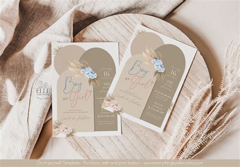 Boho Gender Reveal Invitation Editable Neutral Gender Reveal Party Invite Boy Or Girl Pampas