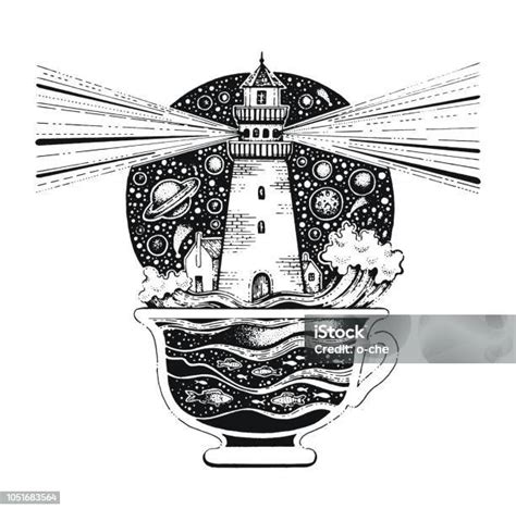 파도와 커피 컵에 Lighghouse입니다 T셔츠 인쇄 또는 문신에 대 한 검은 실루엣 손 복에 대 한 비현실적인 디자인을 그려 빈티지 벡터 일러스트 레이 션 흰색 배경에