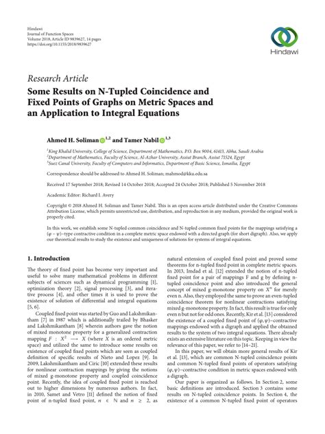 Pdf Some Results On N Tupled Coincidence And Fixed Points Of Graphs On Metric Spaces And An
