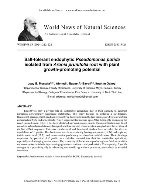 Pdf Salt Tolerant Endophytic Pseudomonas Putida Isolated From Aronia
