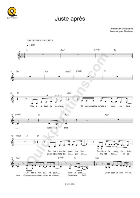 Partition Instruments Solistes Juste Apr S De Jean Jacques Goldman