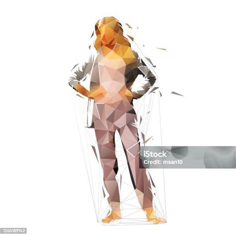 캐주얼 한 옷을 입고 서있는 여자 낮은 폴리 절연 벡터 그림입니다 기하학적 도면 젊은 추상 적 아가씨 와 손 에 엉덩이 로우