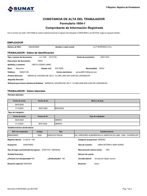 Modelo De Alta De Un Trabajador Pdf