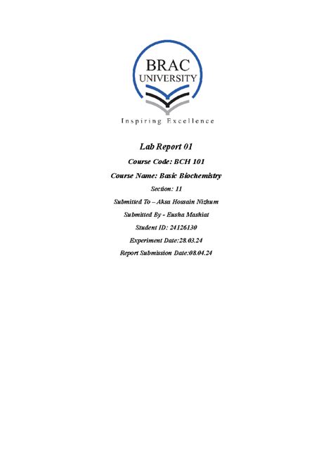 Bch Lab Report 01 Lab Report 01 Course Code Bch 101 Course Name