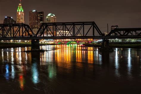 Beautiful Shot Of The Columbus City Railroad Bridge At Night Stock