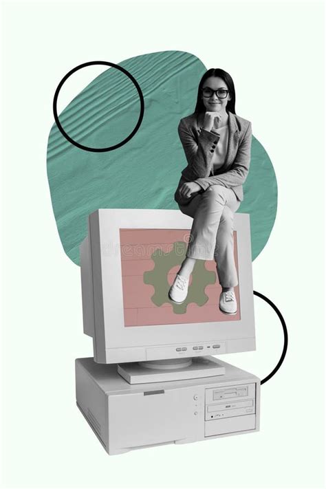 Exclusive Vertical Photo Collage Of Happy Manager Girl Sit Pc Monitor