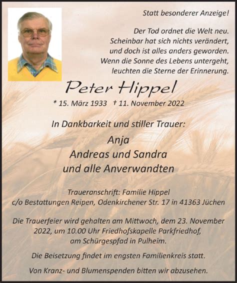 Traueranzeigen Von Peter Hippel WirTrauern