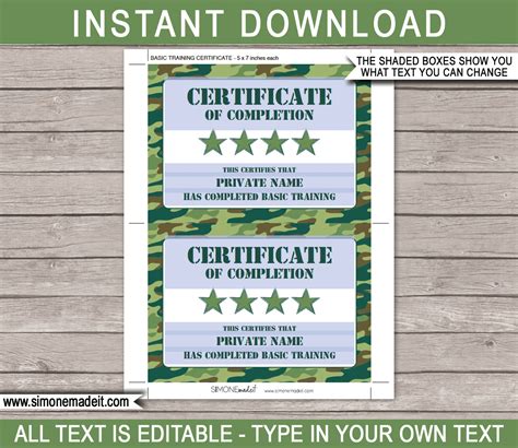 Army Certificate Template Printable Army Birthday Party Favors Boot