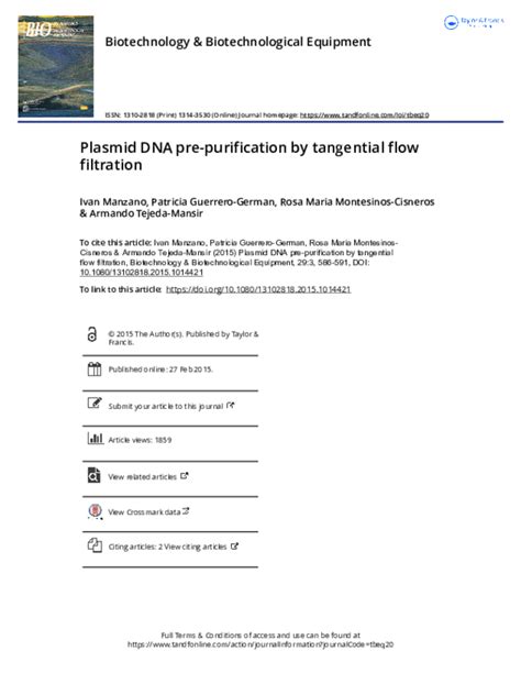 Pdf Plasmid Dna Pre Purification By Tangential Flow Filtration