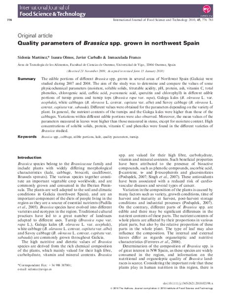 Pdf Quality Parameters Of Brassica Spp Grown In Northwest Spain