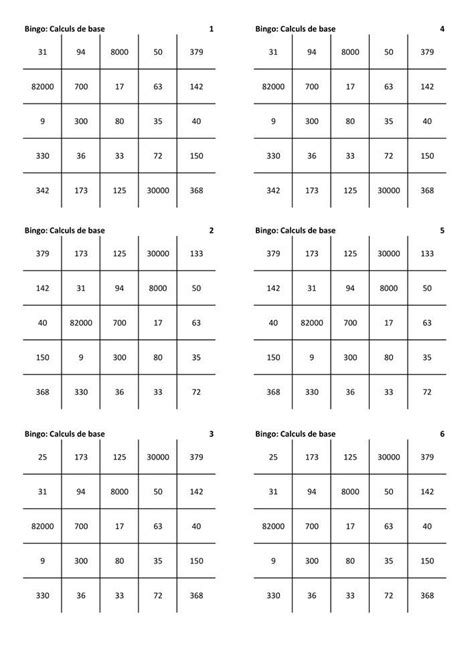 Arithmétique mentale Calculs de base Bingo Ressource pédagogique
