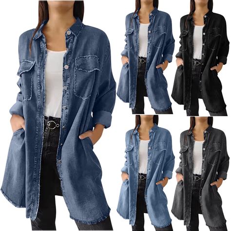 Ozmmyan Womens Classic Long Jean Jacket Plus Size Loose Long Sleeve