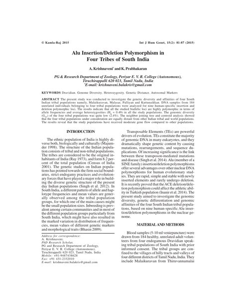 Pdf Alu Insertiondeletion Polymorphism In Four Tribes Of South India