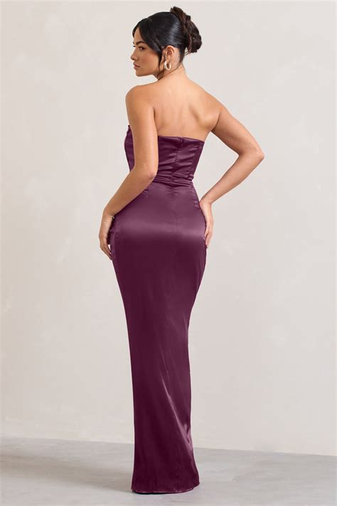 Romancing Burgundy Thigh Split Corset Strapless Maxi Dress Club L