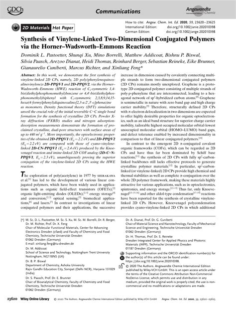 Pdf Synthesis Of Vinylene Linked Two Dimensional Conjugated Polymers Via The Horner Wadsworth