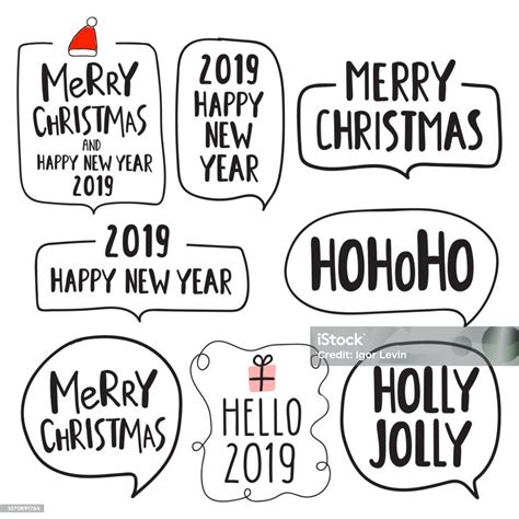 손으로 그린 메리 크리스마스와 새 해 복 많이 받으세요 2019에 대 한 재미 있는 따옴표를 문자 집합입니다 12월에 대한 스톡
