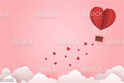 발렌타인 데이 하늘 커플 허니문 벡터 일러스트 배경에서 클라우드 심장 Float로 비행 하는 풍선의 종이 스타일 사랑 소형