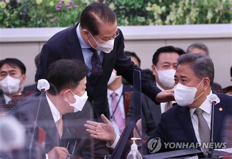 대화하는 박진 외교부 장관과 권영세 통일부 장관 연합뉴스