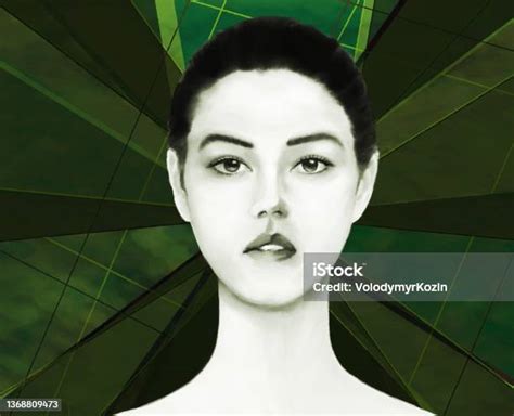 기하학적 장식 배경에 아시아와 유럽의 뿌리를 가진 젊은 여성의 초상화 갈색 머리에 대한 스톡 벡터 아트 및 기타 이미지 갈색