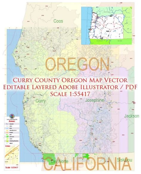 Curry County Oregon Us Map Vector Exact County Plan Detailed Road Admin Zipcodes Map Editable
