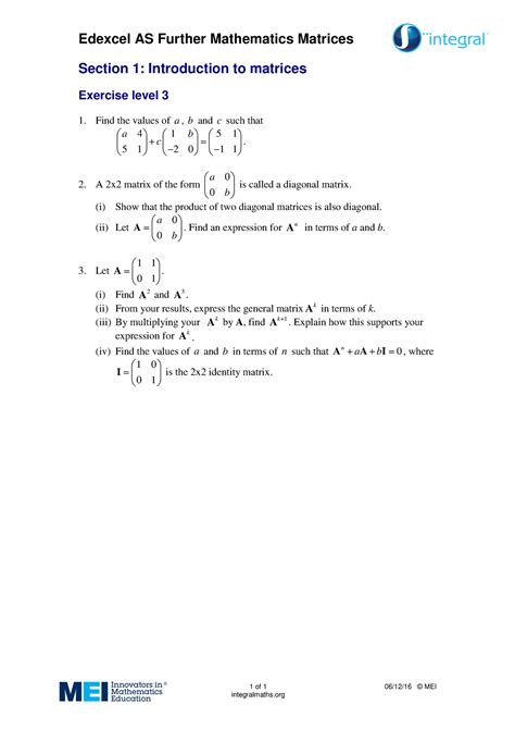 Introduction To Matrices Exercise Level 3 Edexcel As Further
