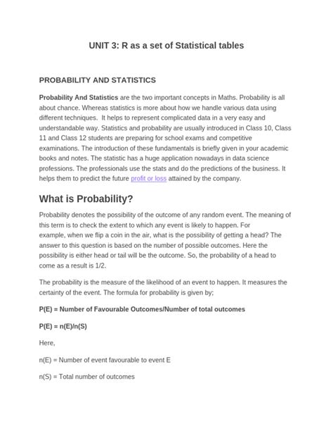 Unit 3 R As A Set Of Statistical Tables Pdf Expected Value