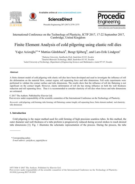 Pdf Finite Element Analysis Of Cold Pilgering Using Elastic Roll Dies