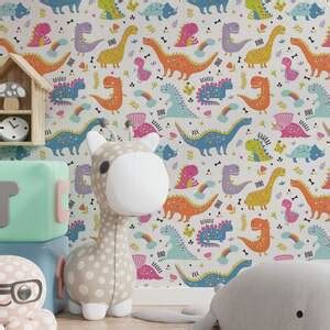 Papel De Parede Dinossauros Coloridos Fundo Branco X Cm Leroy Merlin